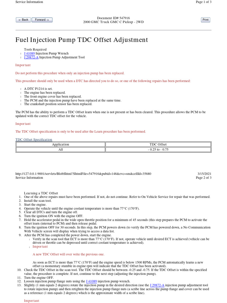Fuel Injection Pump TDC Offset Adjustment: Document ID# 547916 2000 GMC ...