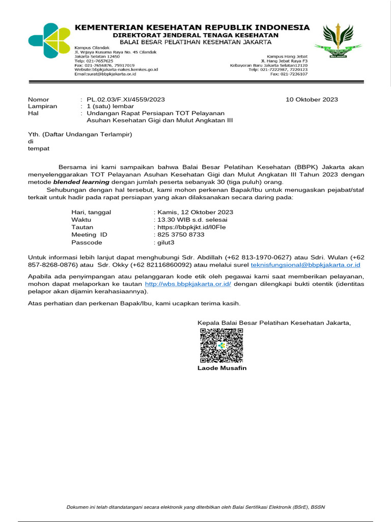 Surat Undangan Rapat Persiapan Pelatihan TOT Yansuhkesgilut AK - III ...