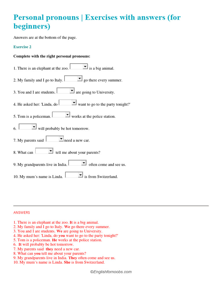 Personal Pronouns Exercises With Answers 2 | PDF