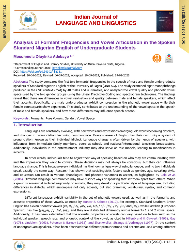 Analysis of Formant Frequencies and Vowel Articula | PDF | Vowel ...