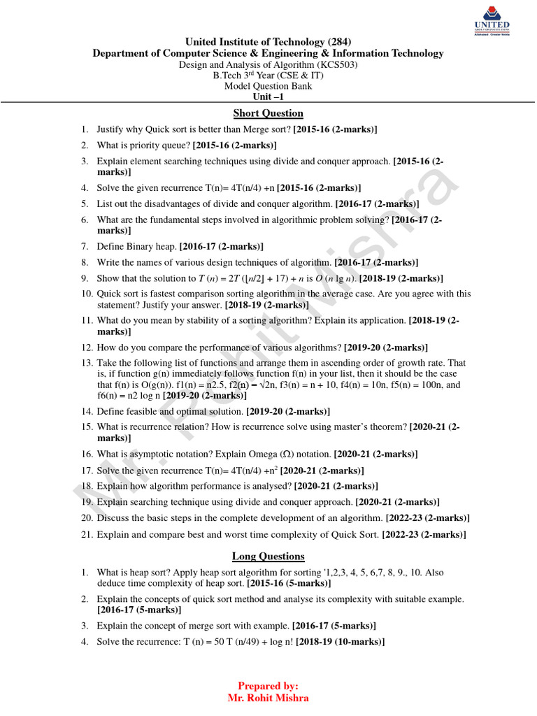 Daa Question Bank Unit 1 Pdf Recurrence Relation Time Complexity
