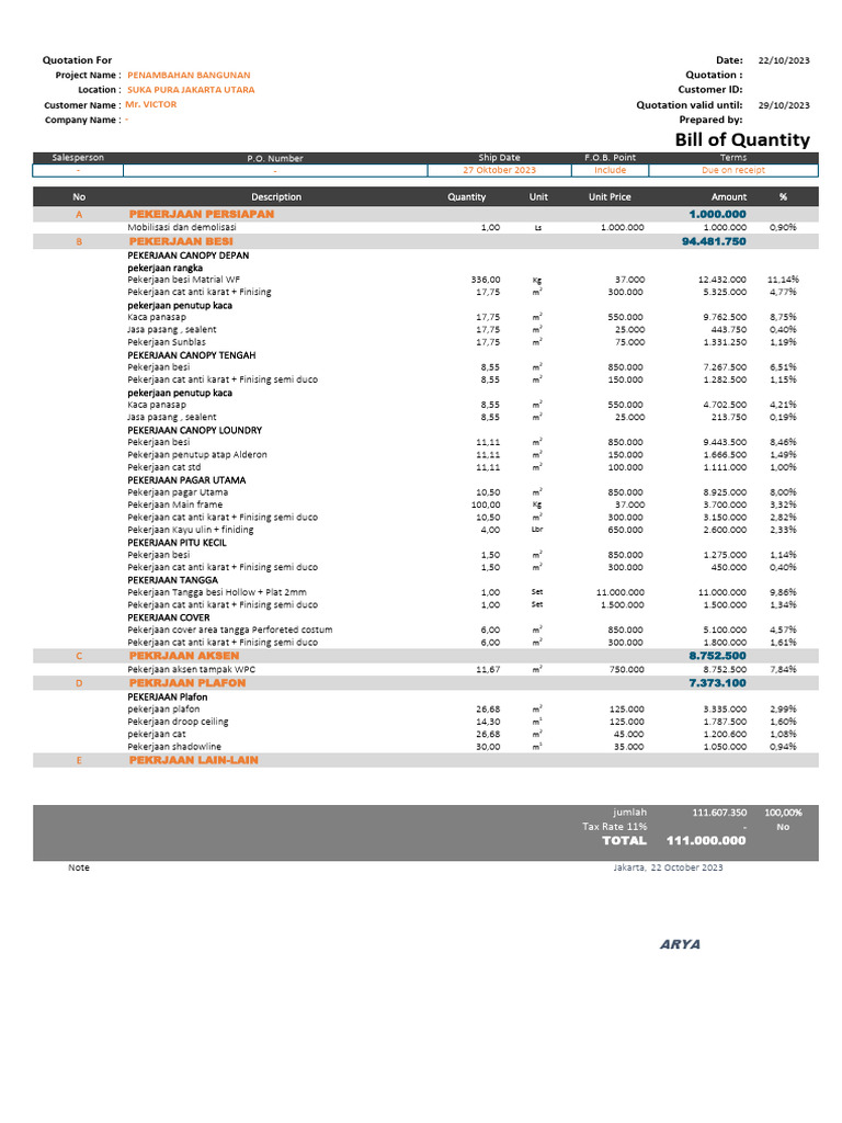 Bill of Quantity: Quotation For Date: Quotation: Customer ID: Quotation ...