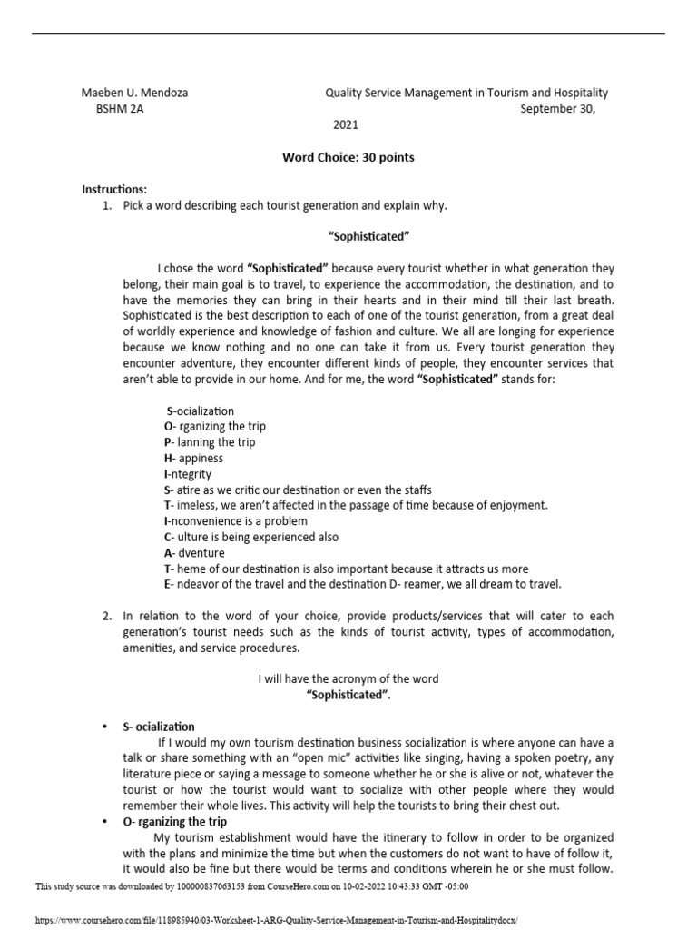 03 Worksheet 1 ARG Quality Service Management in Tourism and Hospitality | PDF | Tourism ...