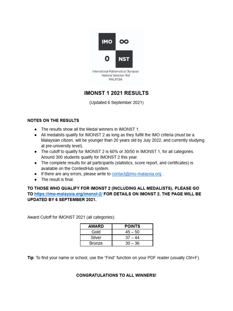 IMONST 1 2021 Results Overview | PDF | Schools | Malaysia