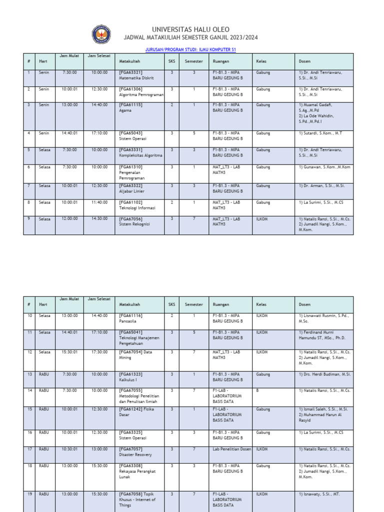 Jadwal-SEMESTER GANJIL 2023_2024_Kirim | PDF