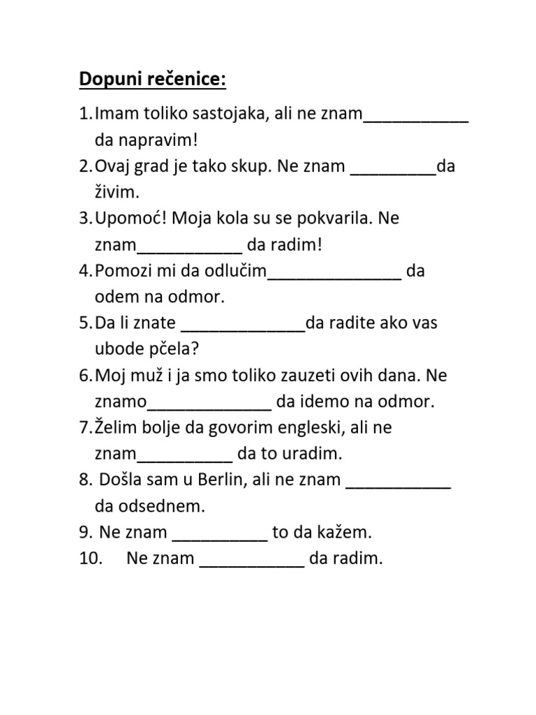 Dopuni Rečenice - Upitne Reči | PDF