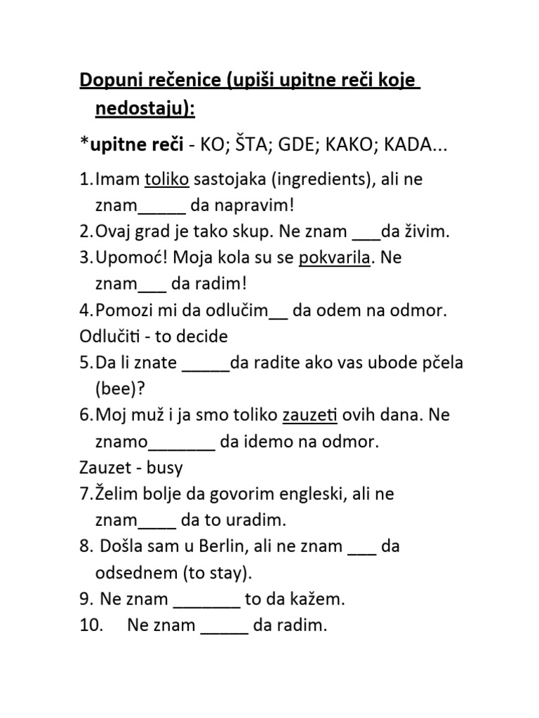Dopuni Rečenice - Upitne Reči | PDF