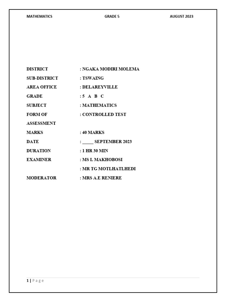 GRADE 5 CONTROLLED TEST TERM 3 | PDF | Mathematics | Geometry