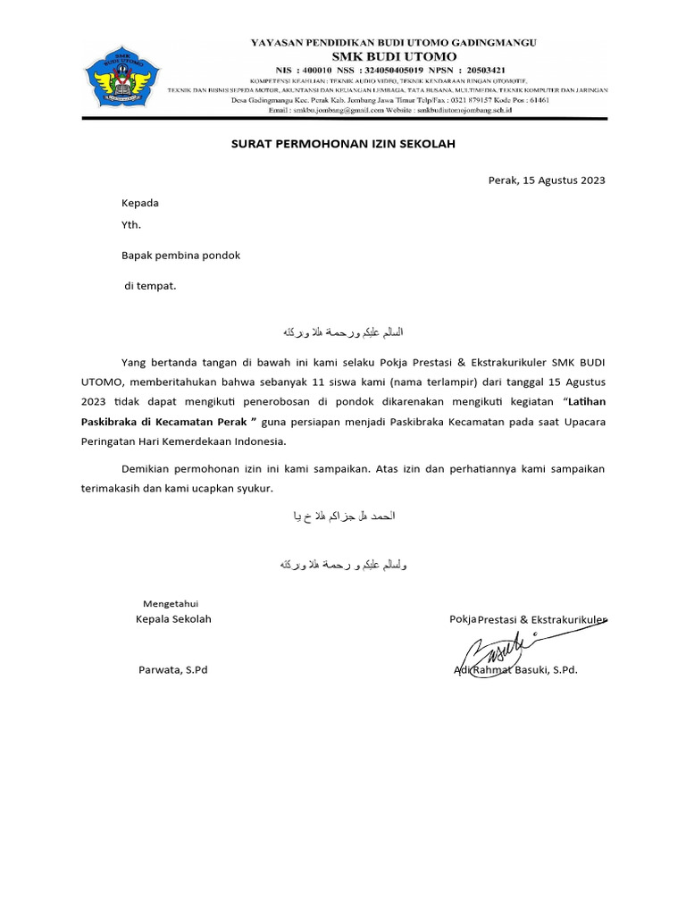 Surat Izin Sekolah Siswa | PDF