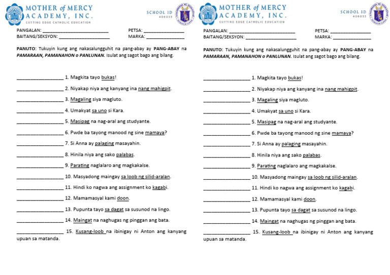 Filipino 9 Pang-Abay Quiz | PDF