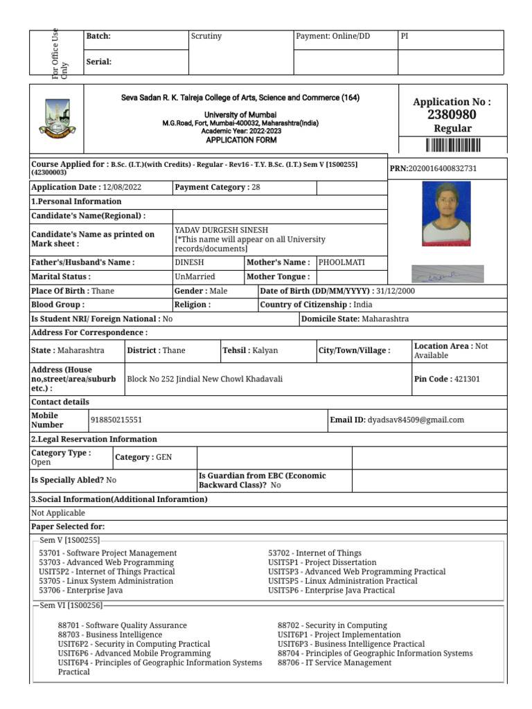 B.Sc. IT Application Form 2022-2023 | PDF | Computing