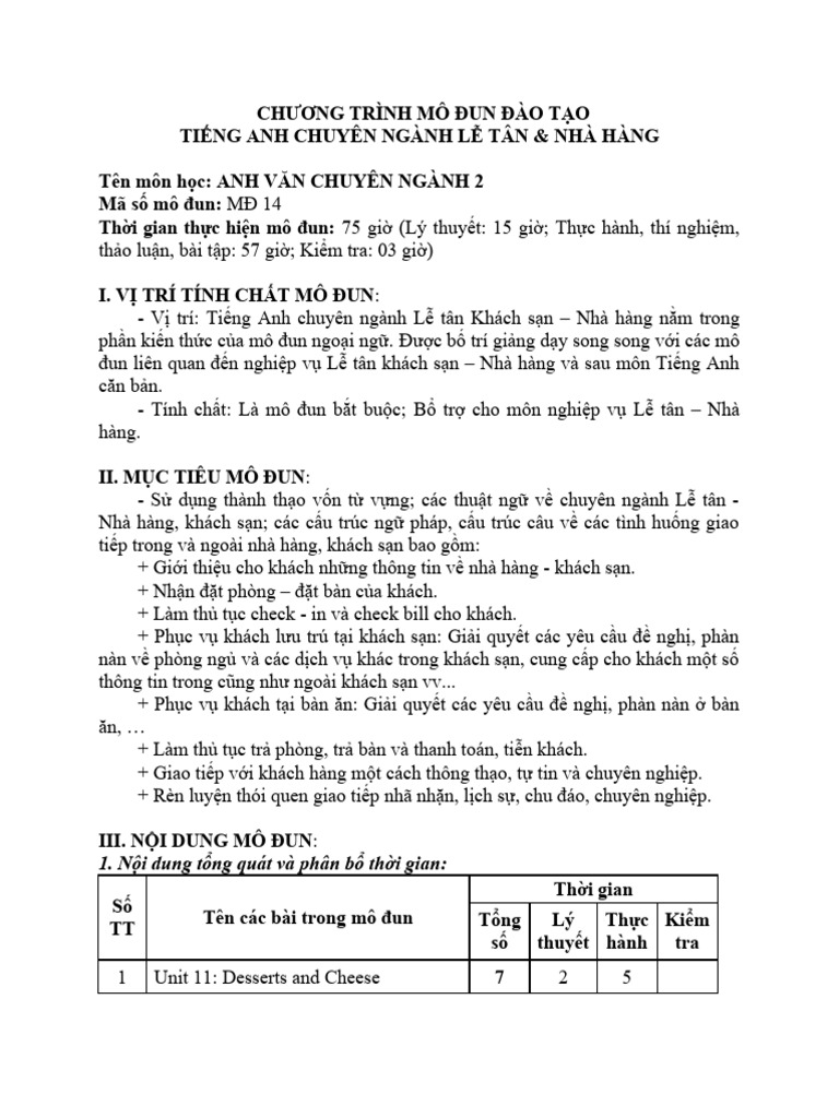 CHƯƠNG TRÌNH CHI TIẾT MÔN HỌC AVCN 2- LT&NH | PDF