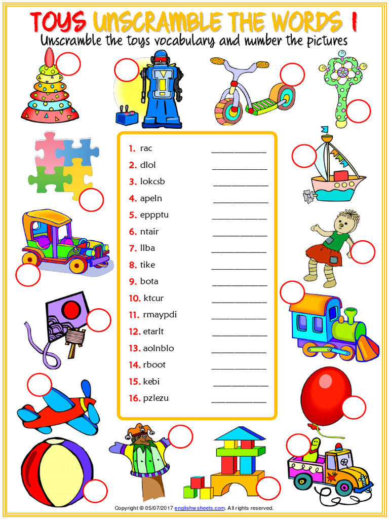 Toys Vocabulary Esl Unscramble The Words Worksheets For Kids | PDF | Toys