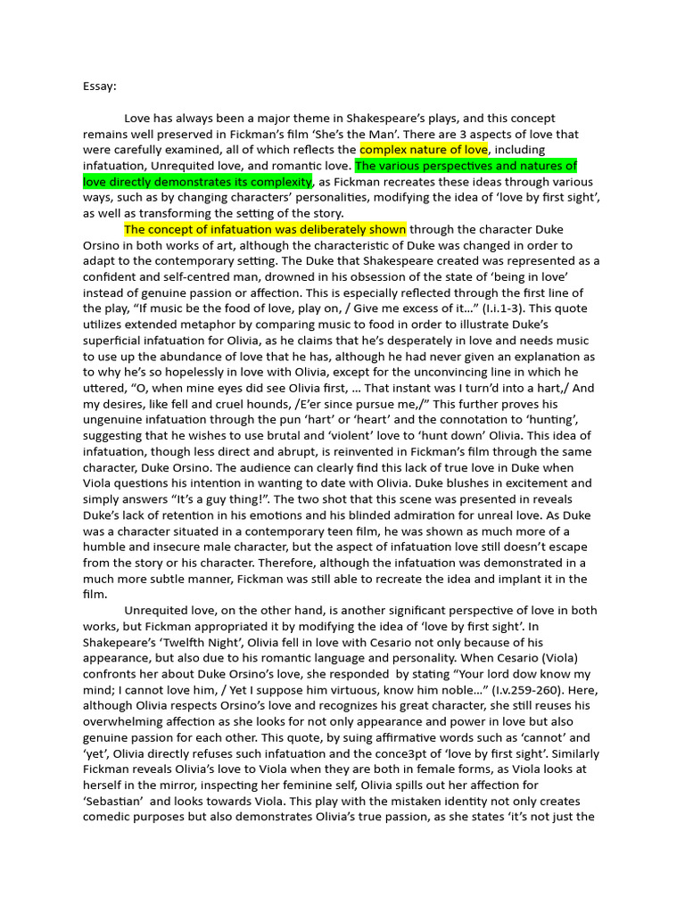 Essay On Love in Twelfth Night | PDF | Love | Romance (Love)