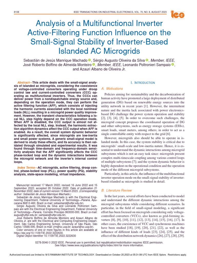 Analysis Of A Multifunctional Inverter Active Filtering Function Influence On The Small Signal