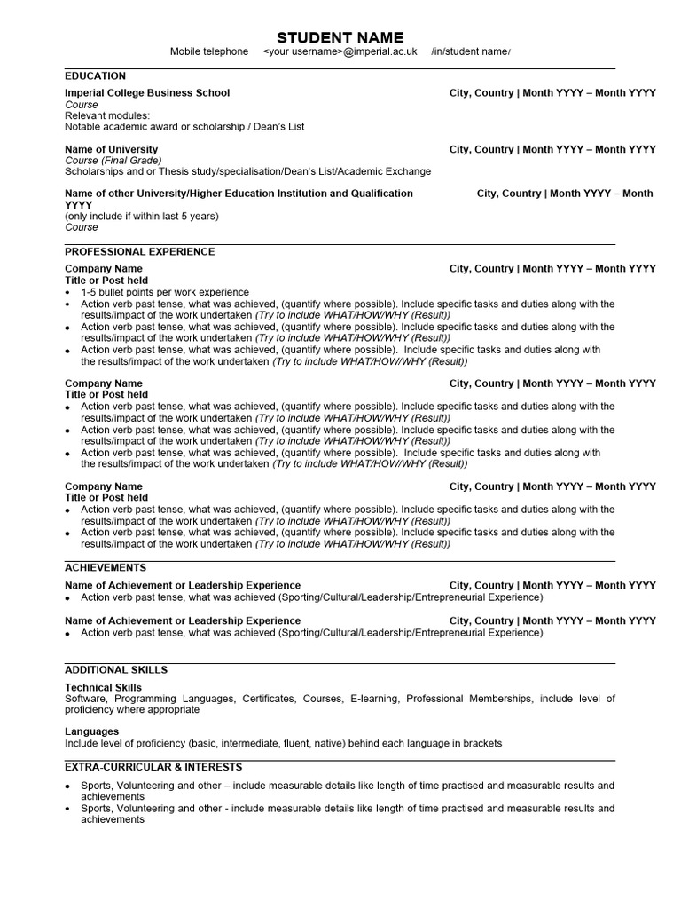 CV Template For FTMBA and MSC Applicants | PDF