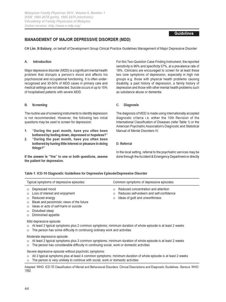 Management of Major Depressive Disorder | PDF | Major Depressive ...