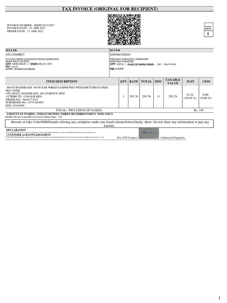 Tax Invoice (Original For Recipient) : Item Description Qty Rate Total Disc Taxable Value Igst ...