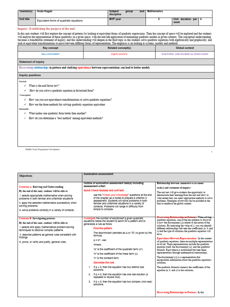 MYP 5 (Math-Unit 4) Planner | PDF | Equations | Quadratic Equation