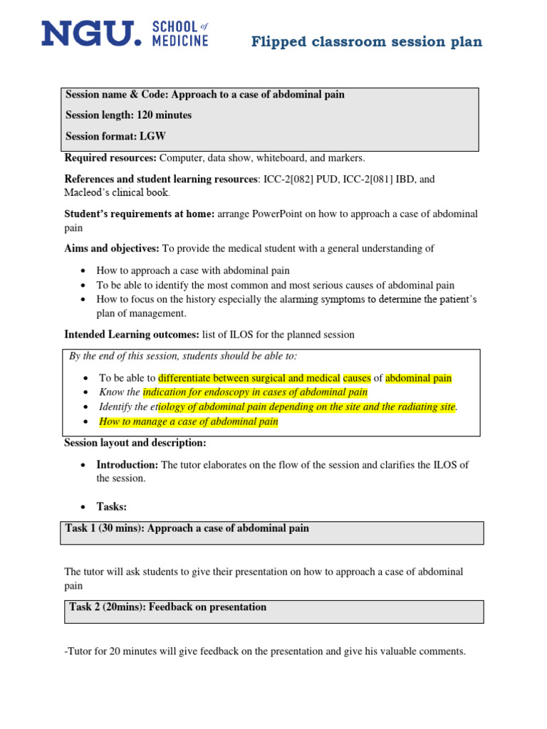 (SCM 4.1) Session Plan For Clinical Approach To A Patient With Abdominal Pain | PDF | Pain ...