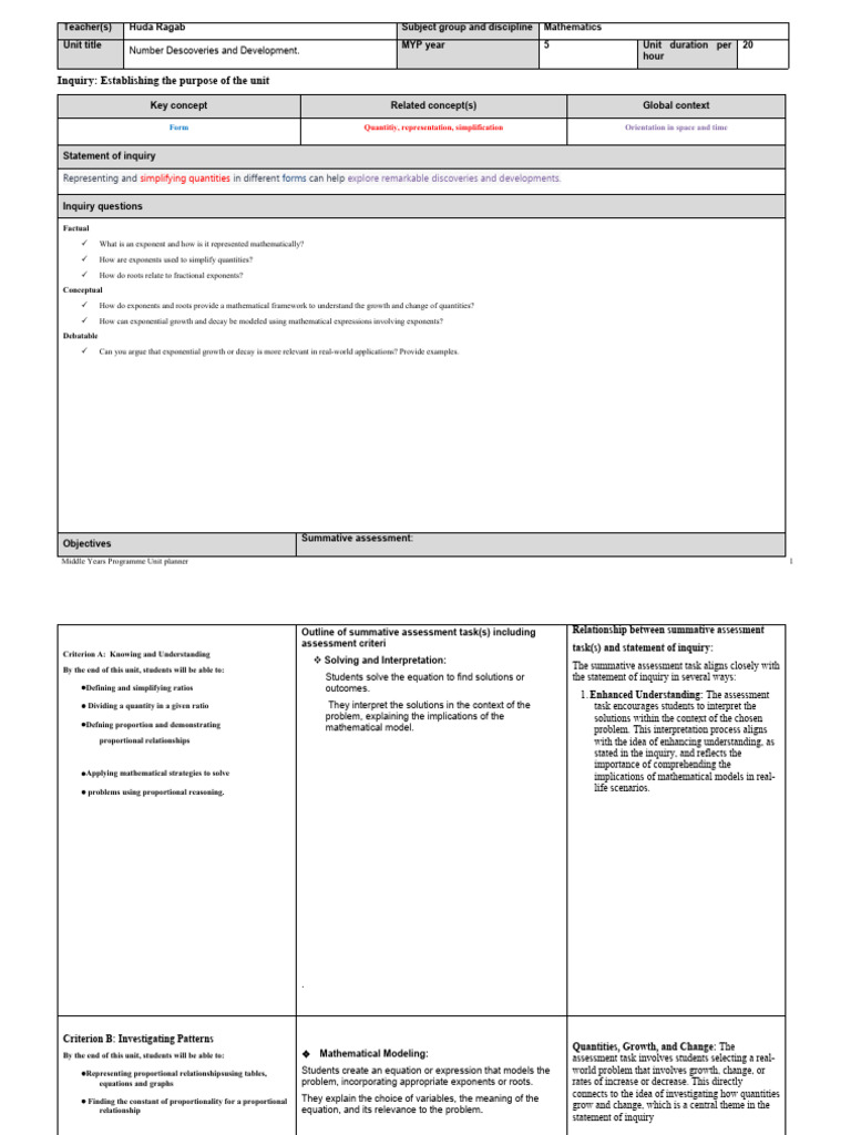 MYP 5 (Math-Unit 1) Planner | PDF | Exponentiation | Mathematics