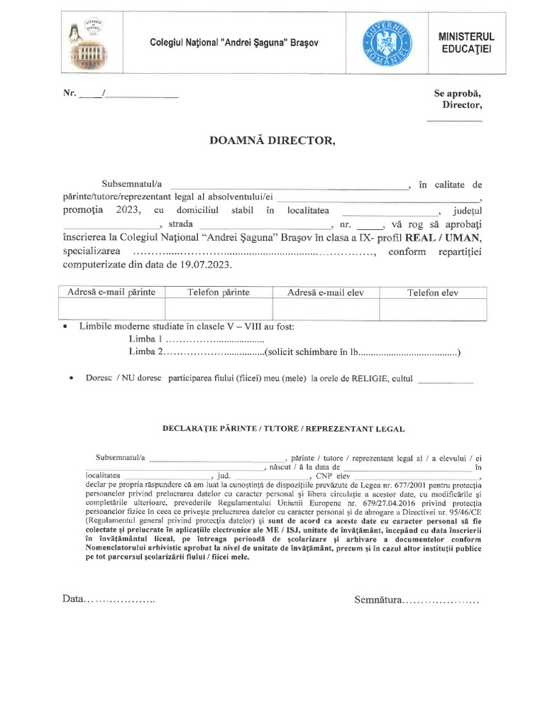 Cerere Admitere Liceu 2023 2024 | PDF