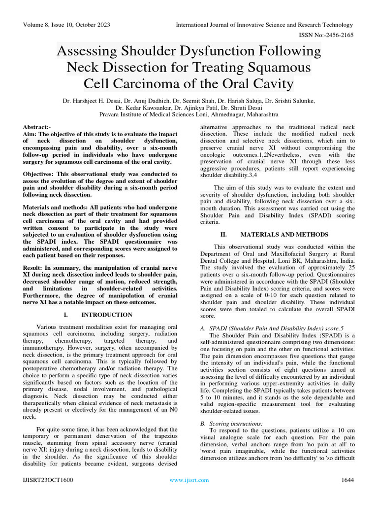 Assessing Shoulder Dysfunction Following Neck Dissection For Treating ...