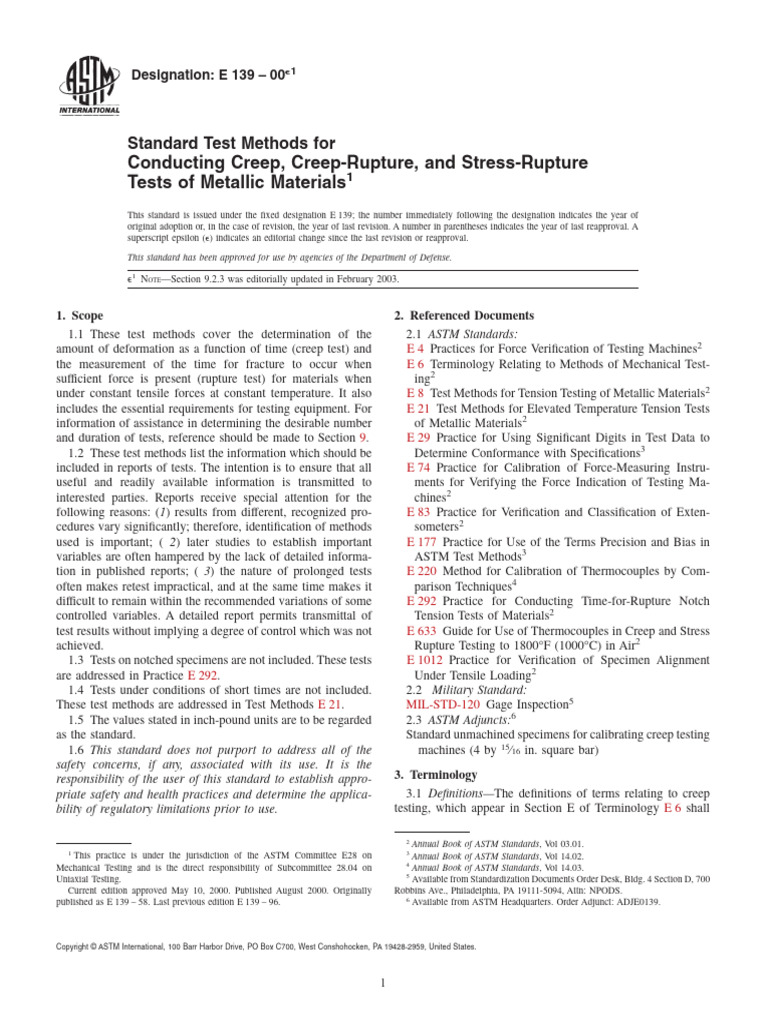 ASTM E139-00 Standard Test Methods For Conducting Creep, Creep-Rupture ...
