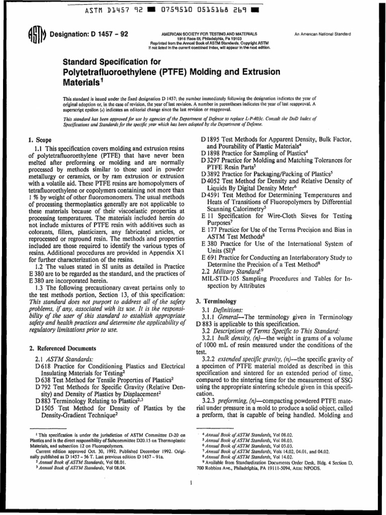 ASTM D 1457 Standard Specification For Polytetrafluoroethylene (PTFE ...