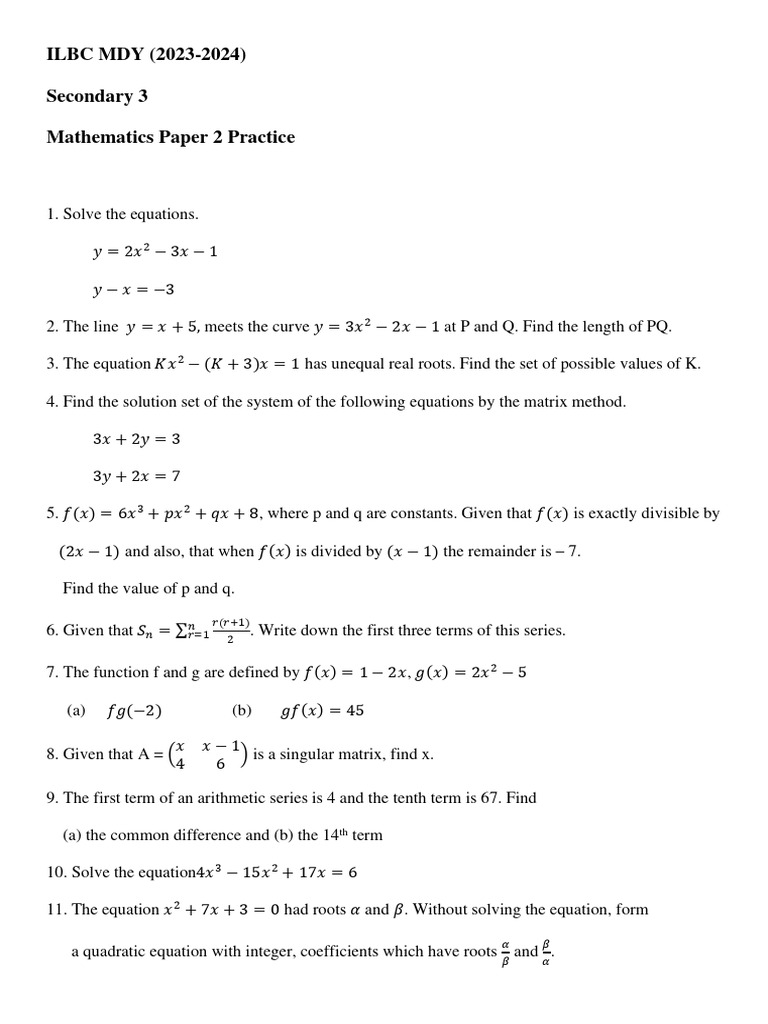 Sec 3 Maths Paper 2 Practice Exam | PDF | Equations | Mathematics