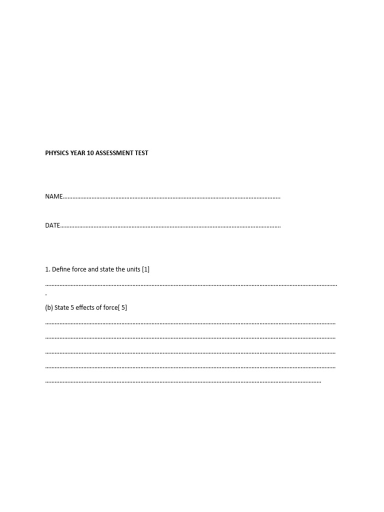 Year 10 Physics Assessment Test | PDF | Acceleration | Force
