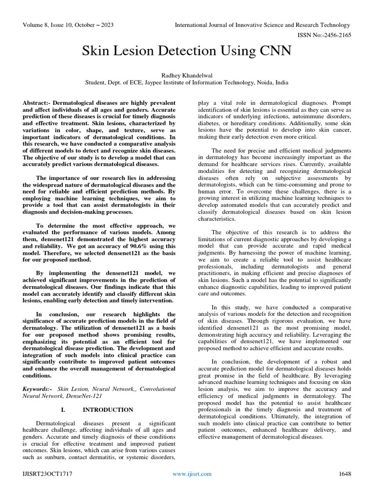 Skin Lesion Detection Using CNN | PDF | Medical Diagnosis | Deep Learning