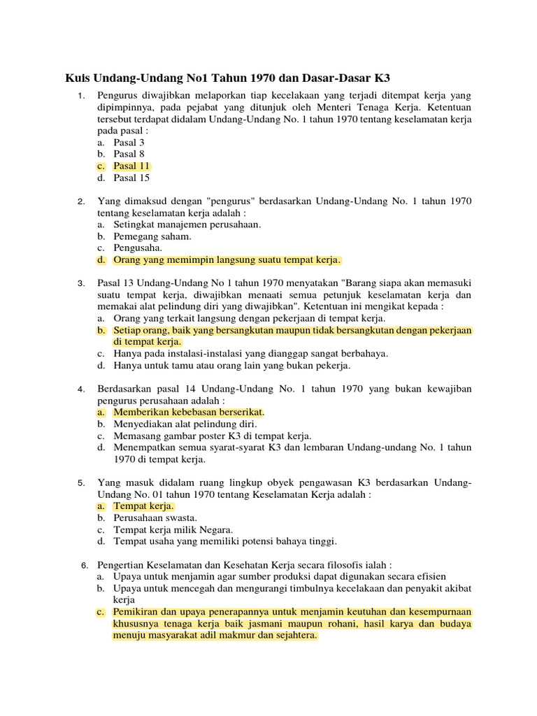Kuis H1 - Undang-Undang No1 Tahun 1970 Dan Dasar-Dasar K3 | PDF