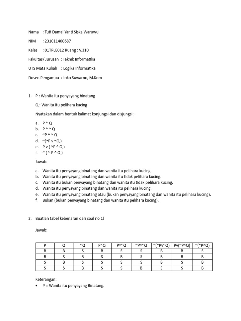 Logika Informatika: Konjungsi, Disjungsi, dan Tabel Kebenaran | PDF
