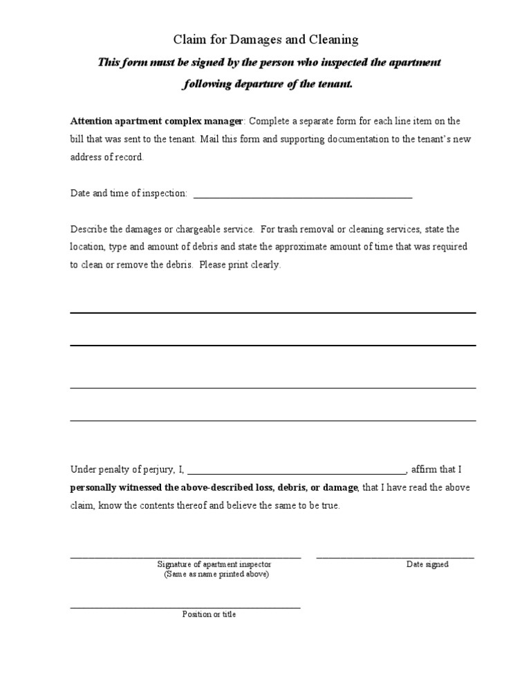 Apartment Damage Claim Form - Sample | PDF