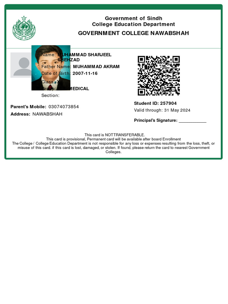 Student Card Muhammad Sharjeel | PDF