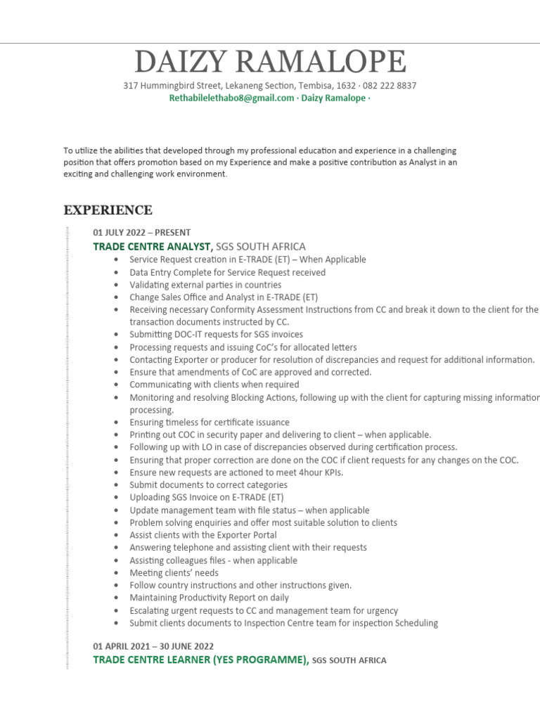 Lethabo Ramalope Resume | PDF | Sales | Customer