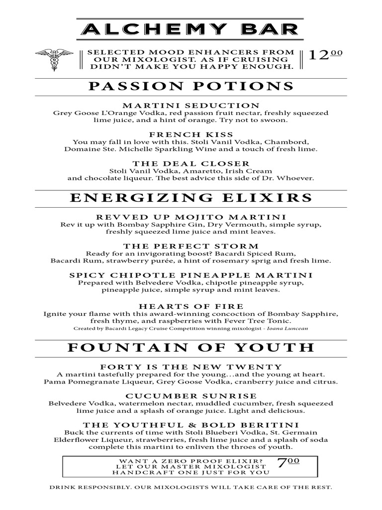 Alchemy Bar Menu | PDF | Martini (Cocktail) | Alcoholic Drinks