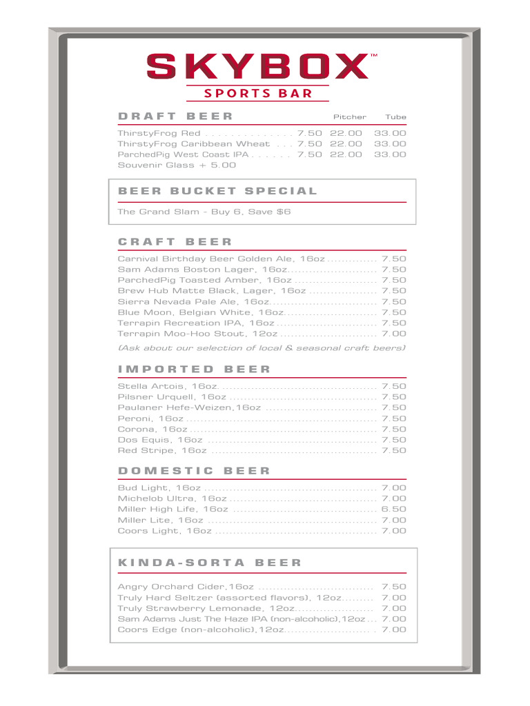 Skybox Menu | PDF | Anheuser Busch Brands | Fermented Drinks