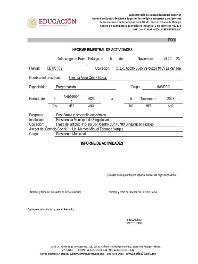 Informe Bimestral Actividades Ss Cbtis179 | Descargar gratis PDF | México