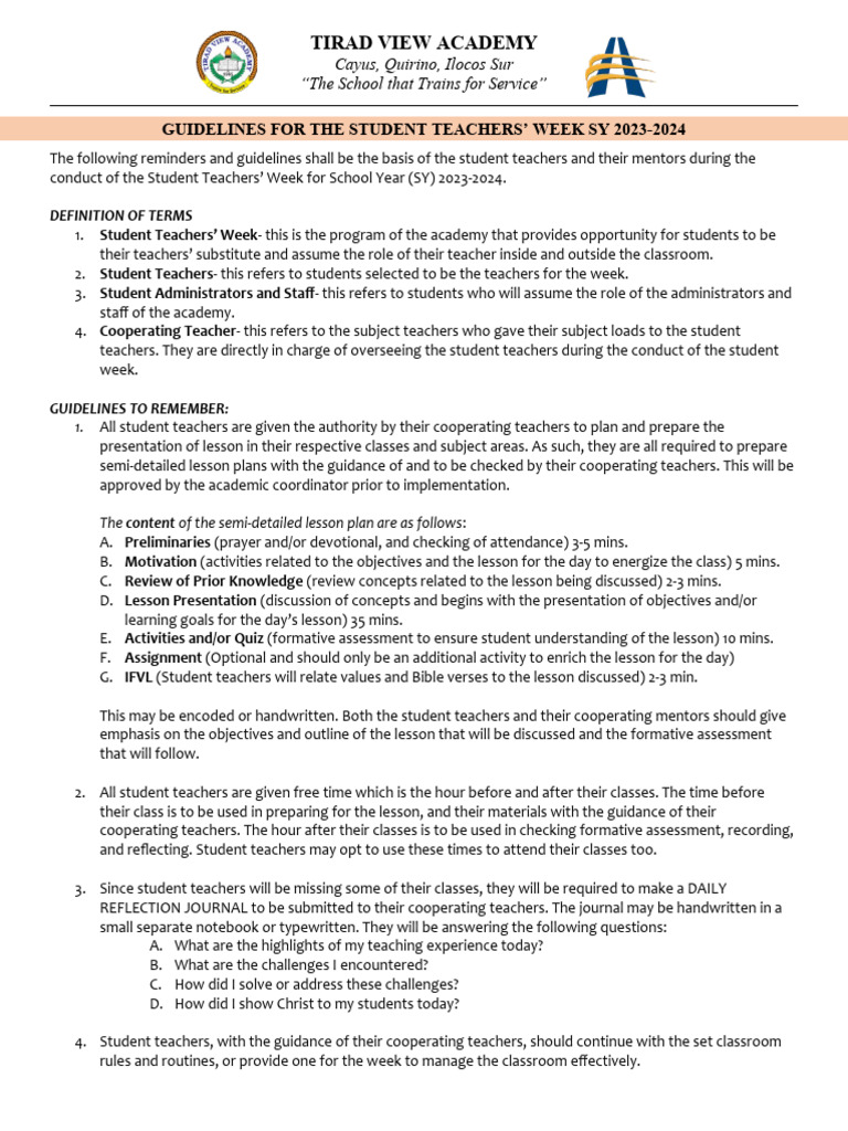 Guidelines For The Student Week | PDF | Teachers | Mentorship