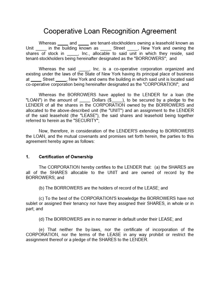 Cooperative Loan Recognition Agreement | PDF | Lease | Loans