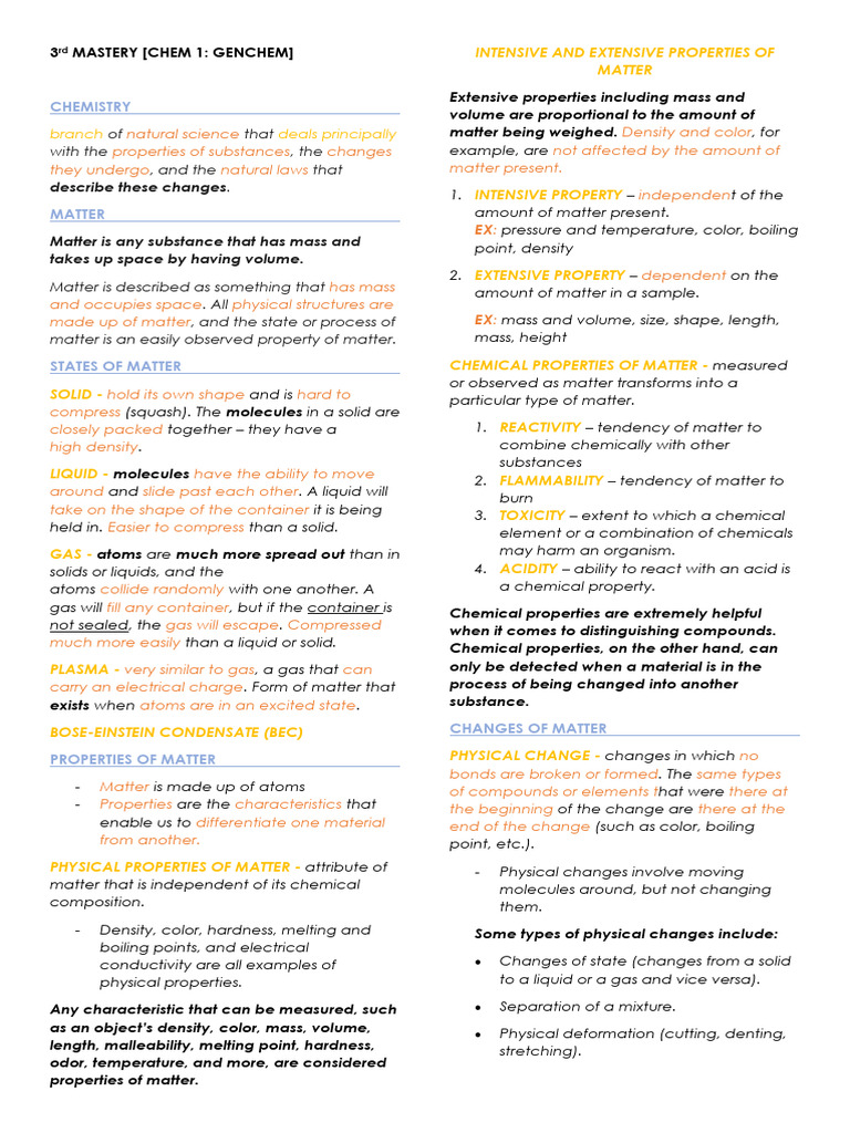 3rd MASTERY - CHEM 1 | PDF | Mixture | Chemistry