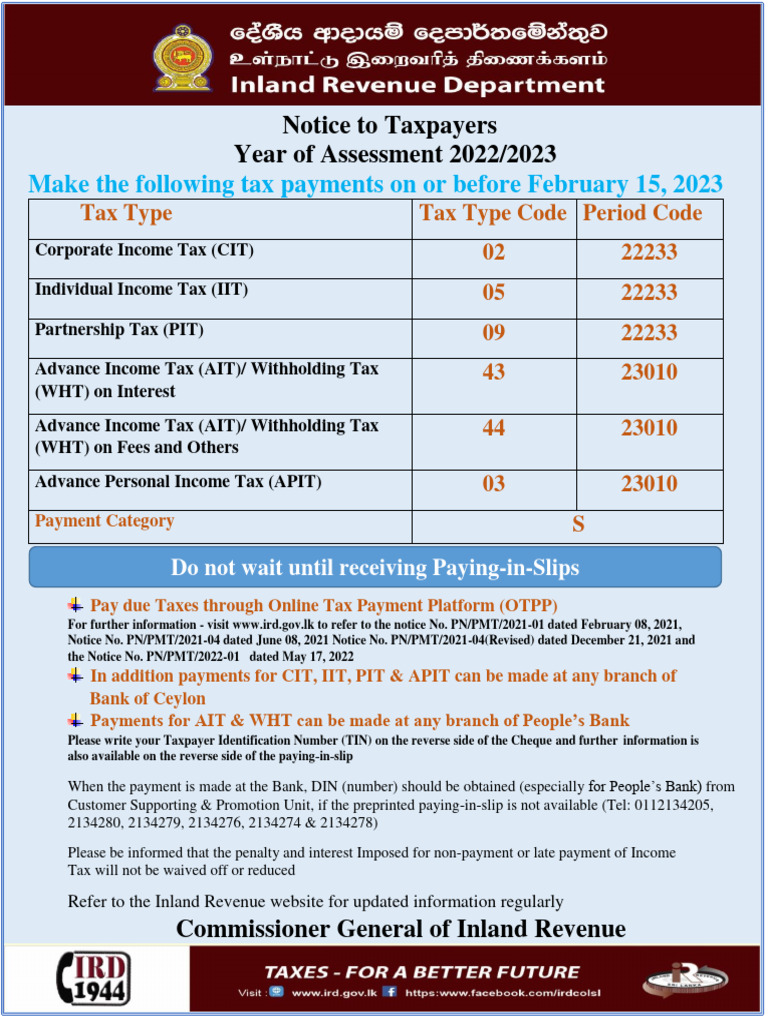 Sri Lanka Tax Payment Codes 2022/2023 | PDF