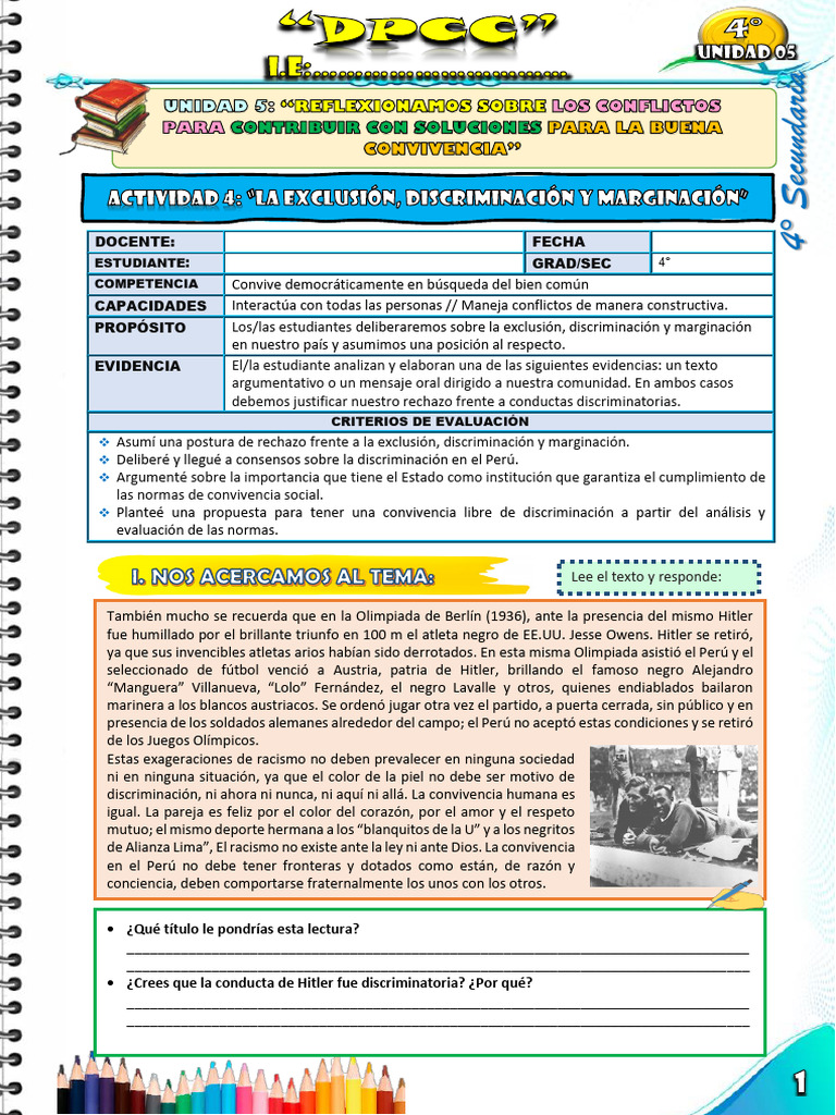 4° DPCC - Actv.04-Unid.5 2023 | PDF | Racismo | Discriminación y relaciones raciales