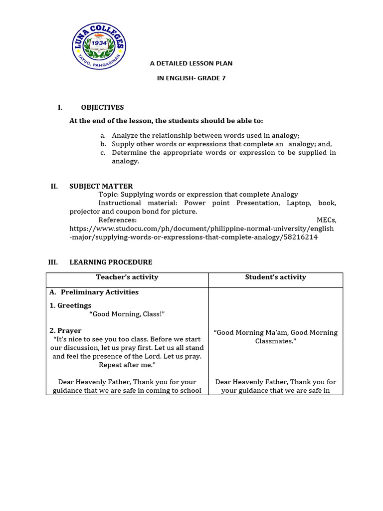 Grade 7 Analogy Lesson Plan | PDF | Analogy | Prayer