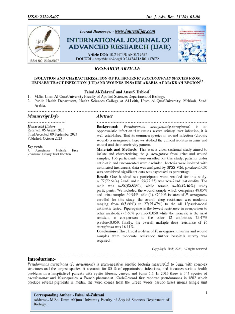 Isolation And Characterization Of Pathogenic Pseudomonas Species From Urinary Tract Infection