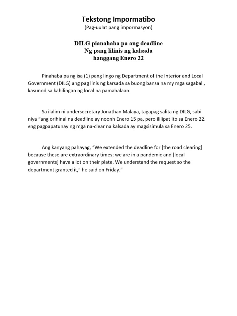 Tekstong Impormatibo (Pag-uulat pang impormasyon) | PDF