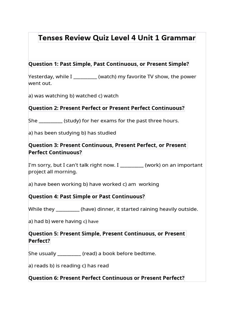 Tenses Review Quiz Level 4 Unit 1 Grammar | PDF | Language Arts ...