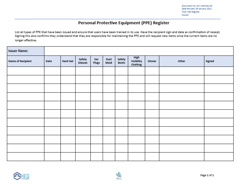 Register - PPE Issue | PDF